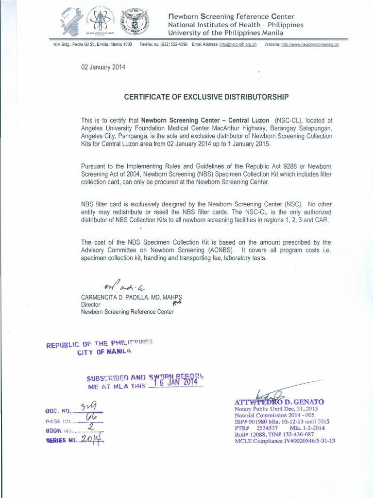 Exclusive Distributor Certificate for NBS Kits | PDF | Screening ...