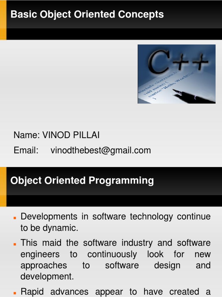 Basic Object Oriented Concepts: Name: Vinod Pillai Email | PDF | Object Oriented Programming ...