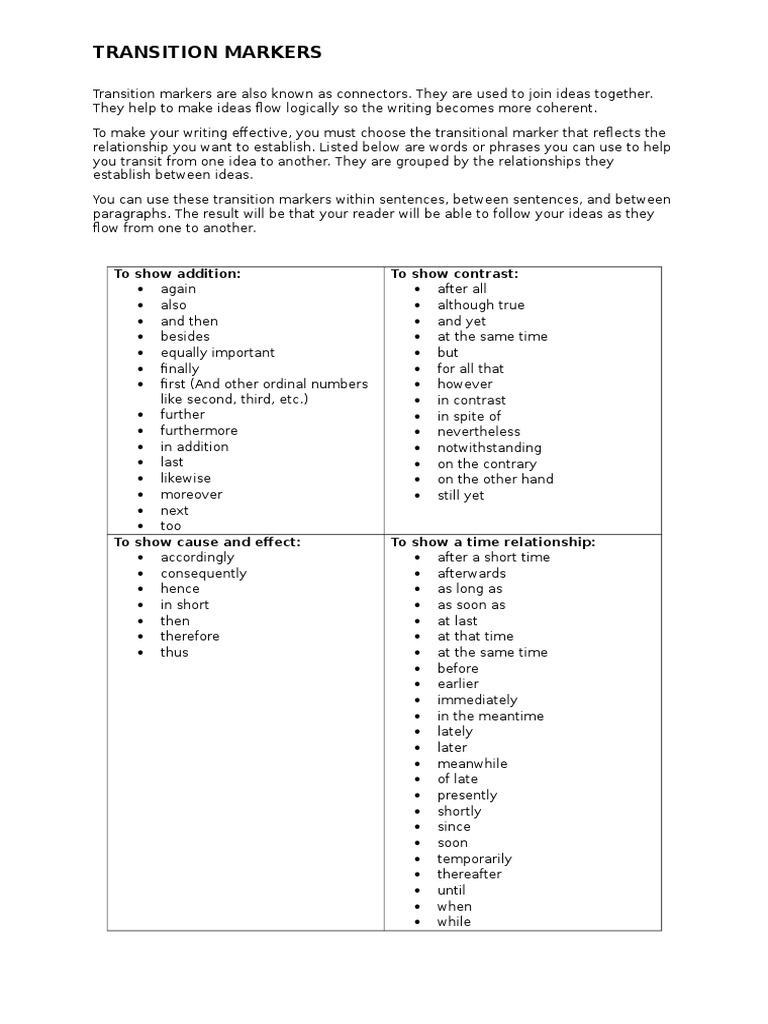 Transition Markers: To Show Addition: To Show Contrast | PDF | Sentence ...