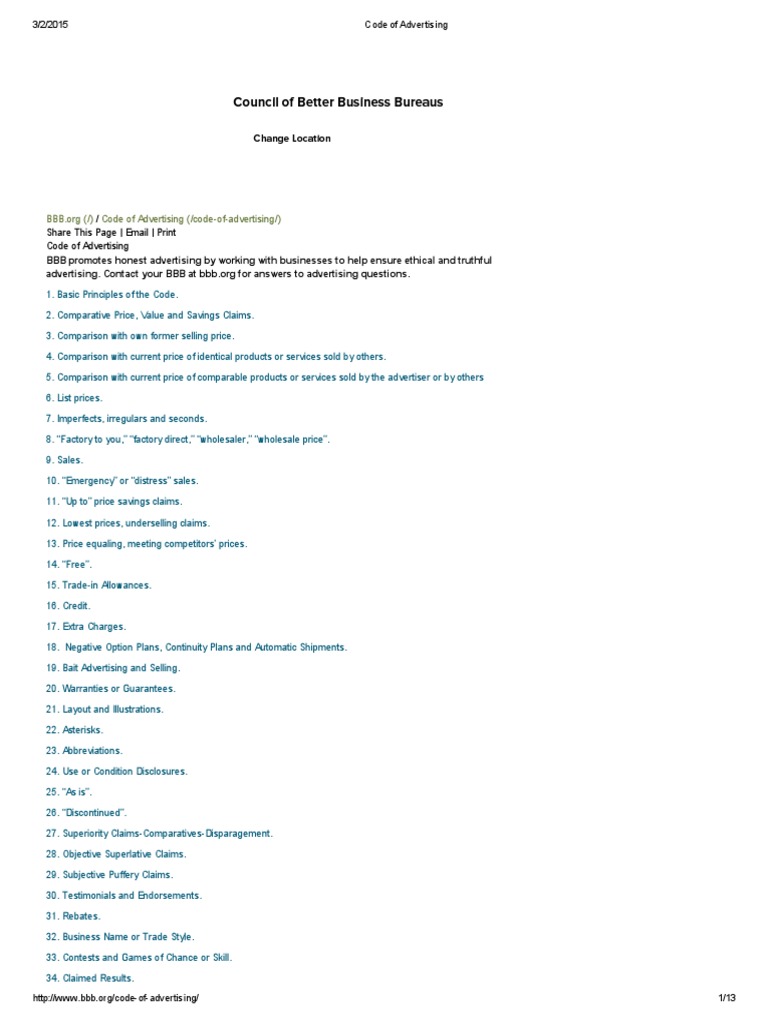 BBB Code of Advertising | PDF | Truth In Lending Act | Credit (Finance)