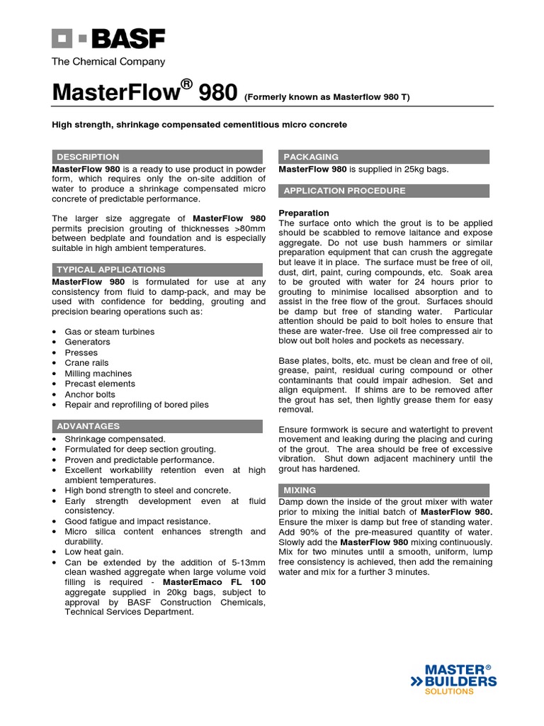 Basf Masterflow 980 Tds | Deep Foundation | Concrete