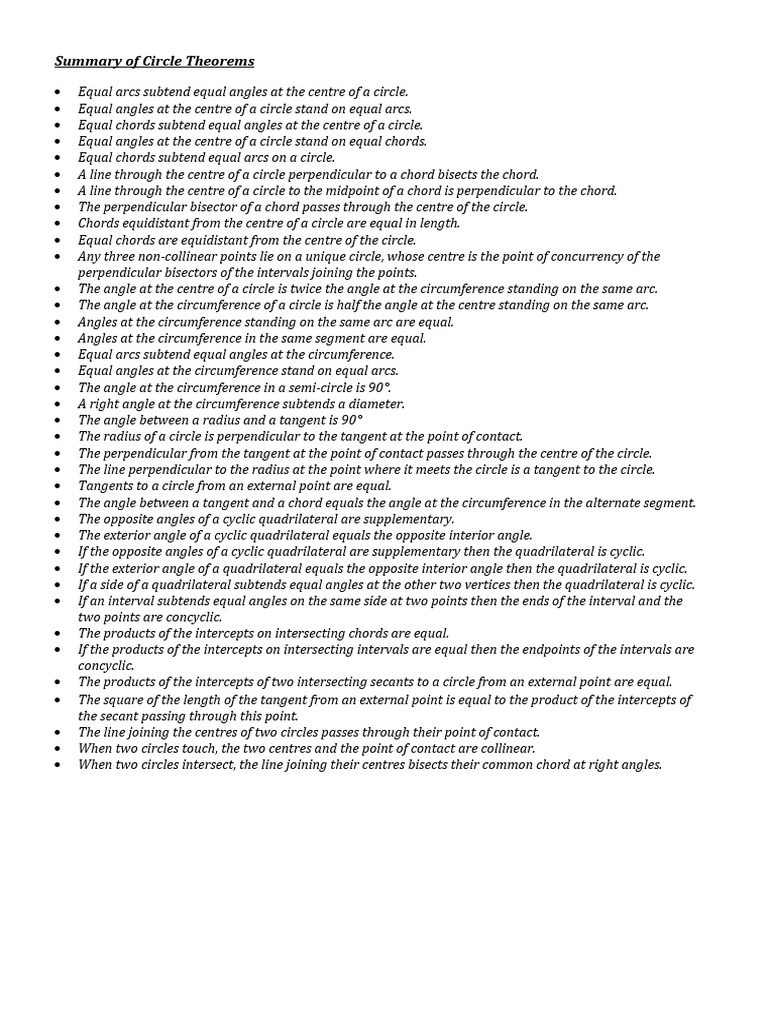 Summary Of Circle Theorems Pdf Circle Perpendicular