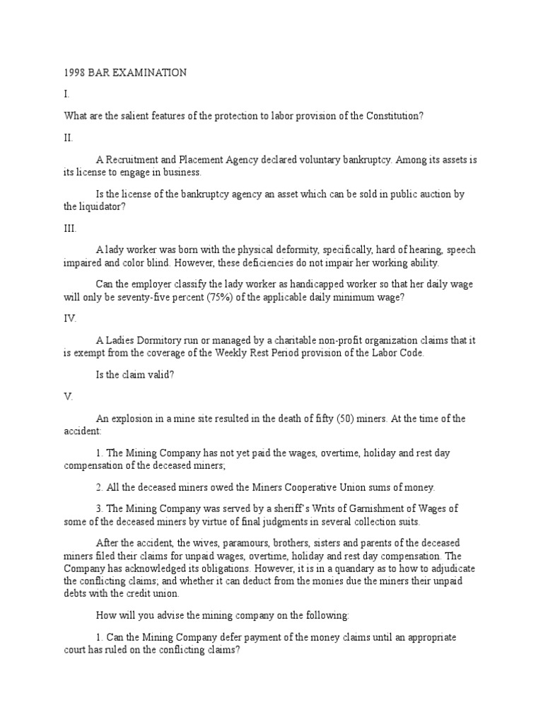 1998 Bar Examination Questions | PDF | United States Labor Law | Employment