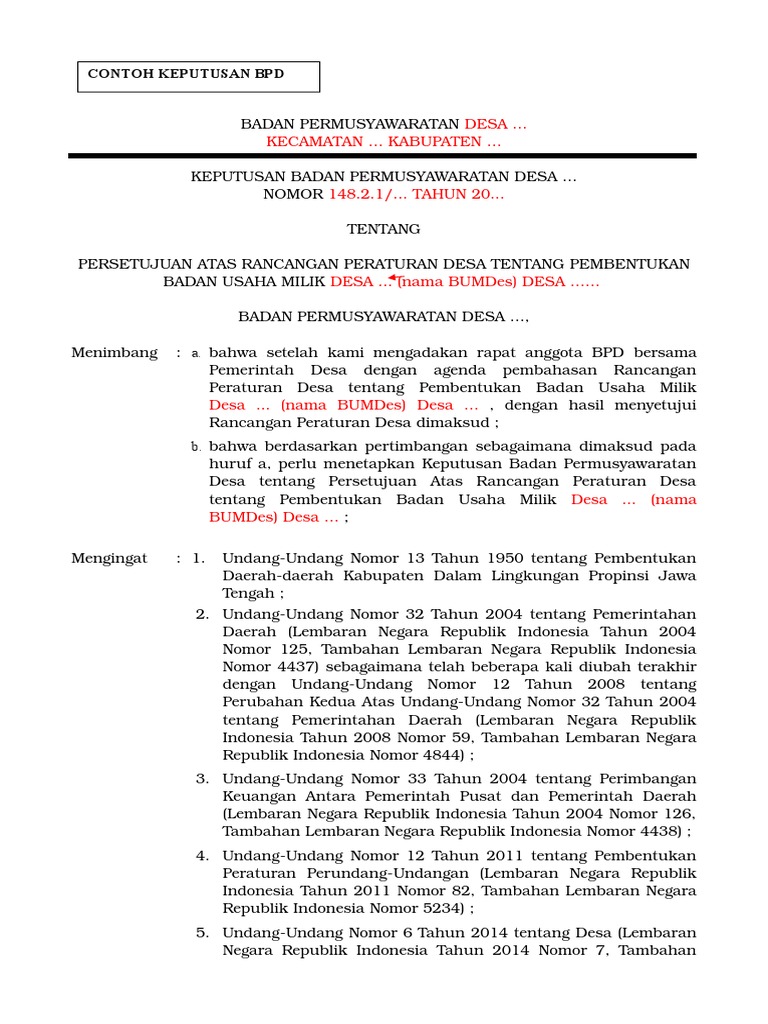 Contoh Kep Bpd Persetujuan Perdes Bumdes