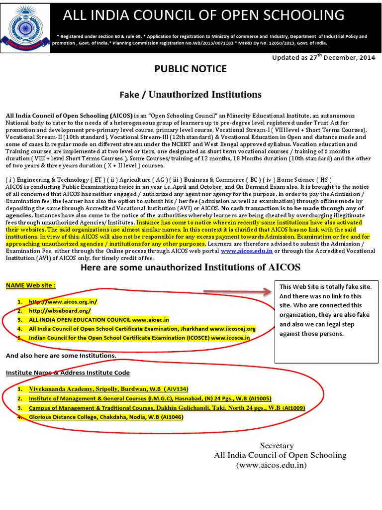 Notice-FAKE LIST OF INSTITUTE OF AICOS - Updated As 27th December 2014 ...