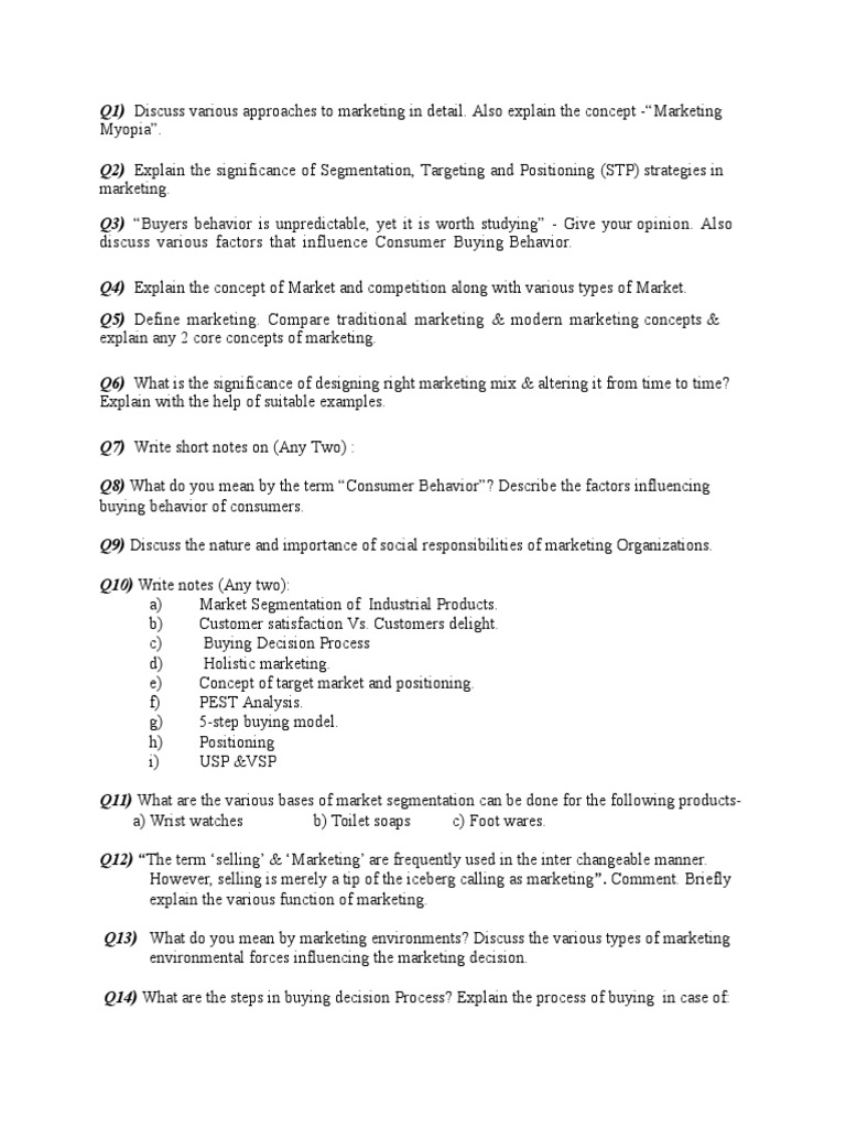 Marketing Question Bank | PDF | Marketing | Market Segmentation