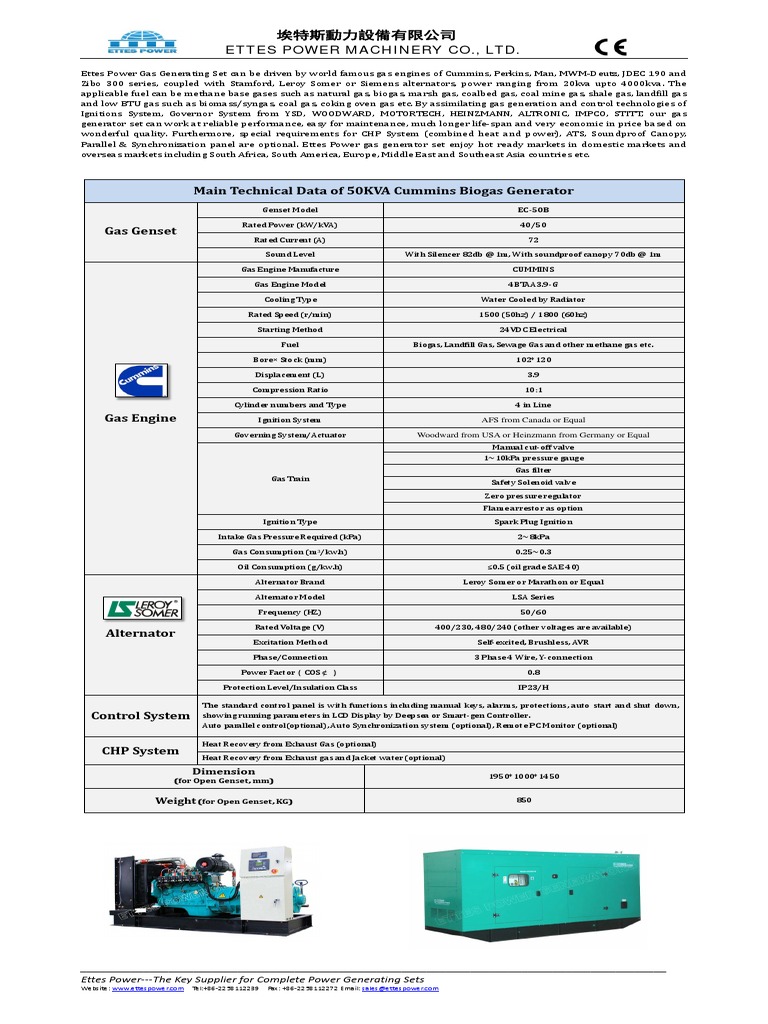 Tech Specs of 50kva Cummins Biogas Generator-141103 | PDF | Natural Gas ...