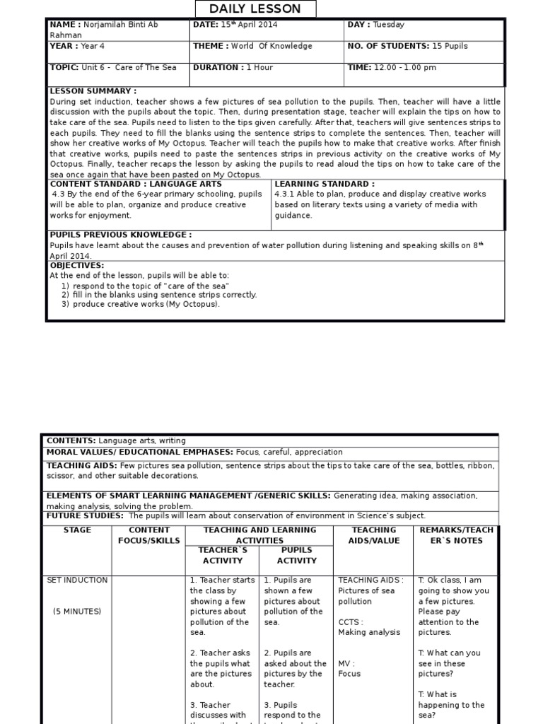 English Lesson Plan My Octopus | PDF | Lesson Plan | Teachers