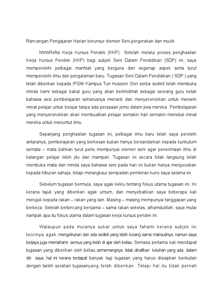 Rancangan Pengajaran Harian Berunsur Elemen Seni, Pergerakan Dan Muzik ...