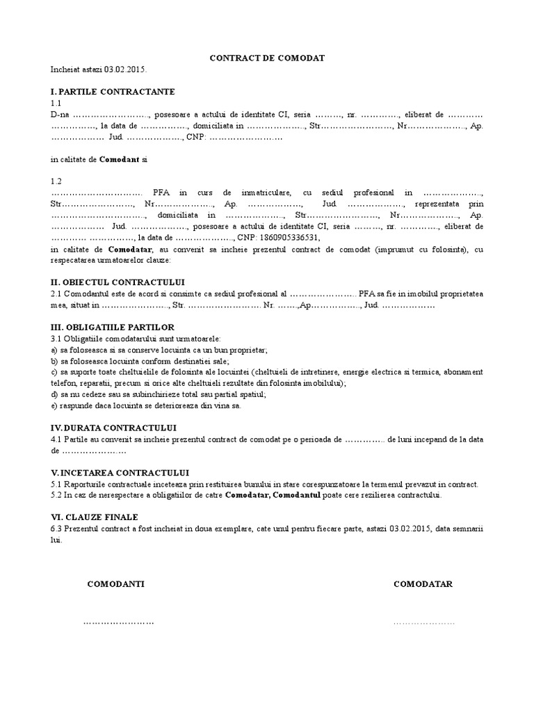 Model Contract de Comodat | PDF
