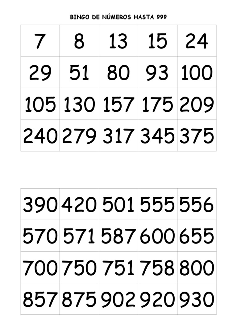 Bingo de Números Hasta 999