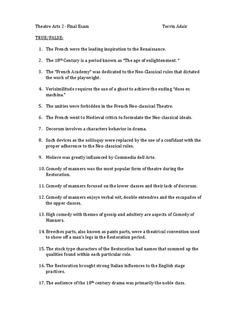 Practice Final Exam | PDF | Theatre | Literary Realism