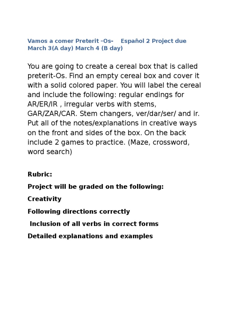Preterit Verb Cereal Box Project | PDF | Language Arts & Discipline