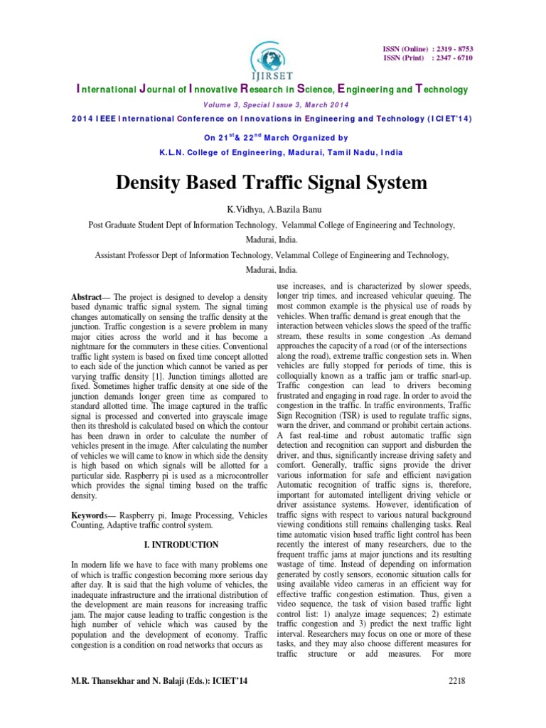 Density Based Traffic Signal System: I J I R S E T | PDF | Traffic ...