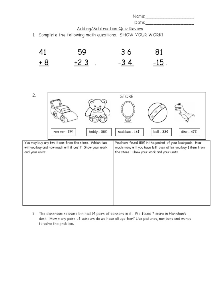 Addition and Subtraction Quiz Review | PDF