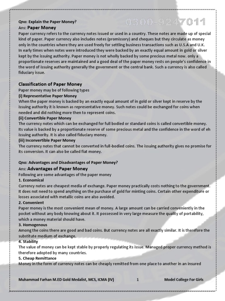 Qno: Explain The Paper Money? | PDF | Banknote | Money