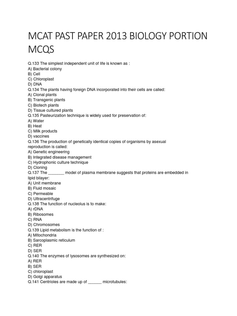 2013 MCAT Biology Past Paper MCQs | PDF | Endoplasmic Reticulum | Cell ...