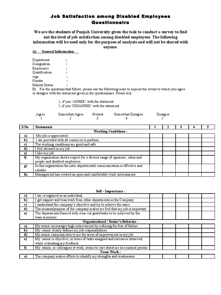 Job Satisfaction Among Disabled Employees Questionnaire | PDF ...