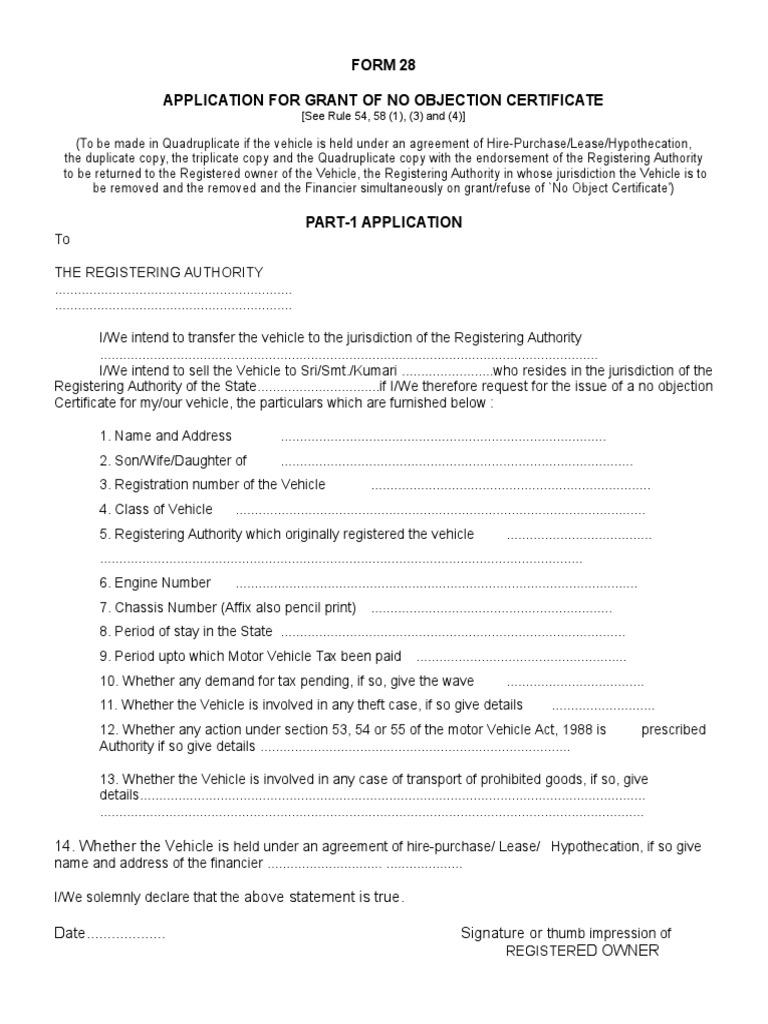 Form 28 Application For Grant of No Objection Certificate: (See Rule 54 ...