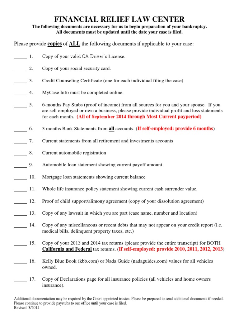 Bankruptcy Document Checklist | PDF
