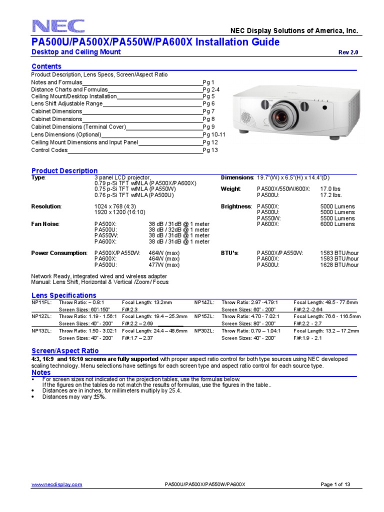 PA500U/PA500X/PA550W/PA600X Installation Guide: Desktop and Ceiling Mount | PDF | Media ...