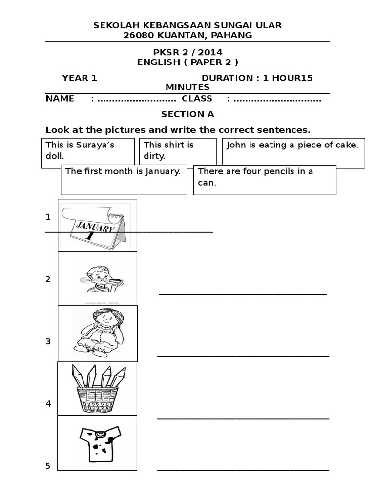 Year 1 English Exam Paper 2014 | PDF