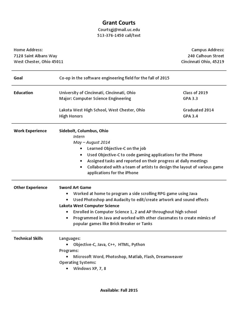 Software Engineering Co-op Resume 2015 | PDF