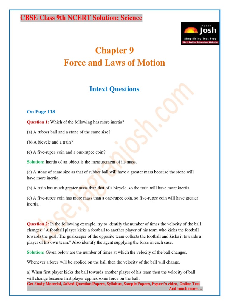 CBSE CBSE Class 9 NCERT Solution Science Force Laws of Motion | PDF ...