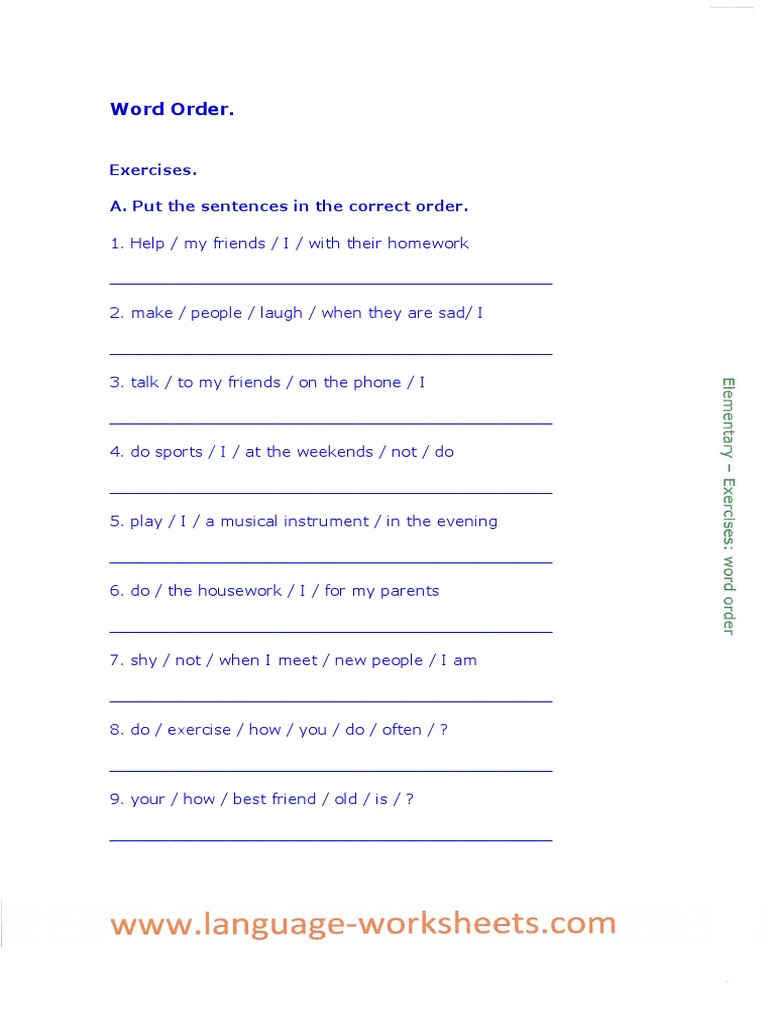 Word Order.: Exercises. A. Put The Sentences in The Correct Order | PDF ...