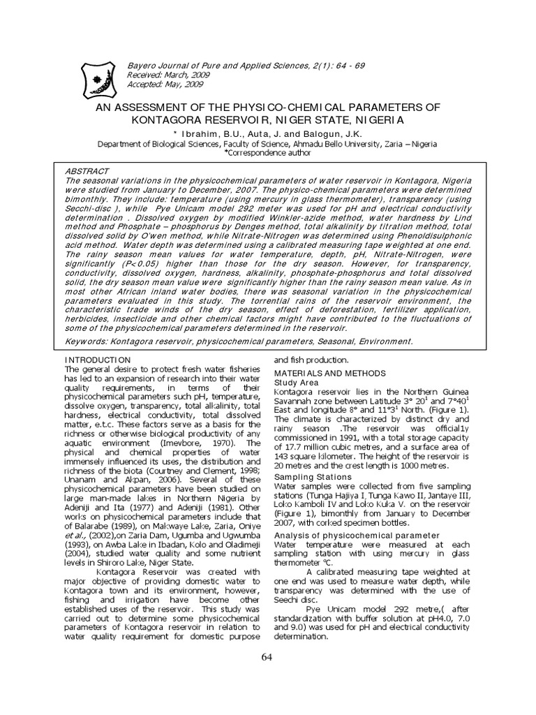 Physico-Chemical Assessment of Kontagora | PDF | Alkalinity | Water