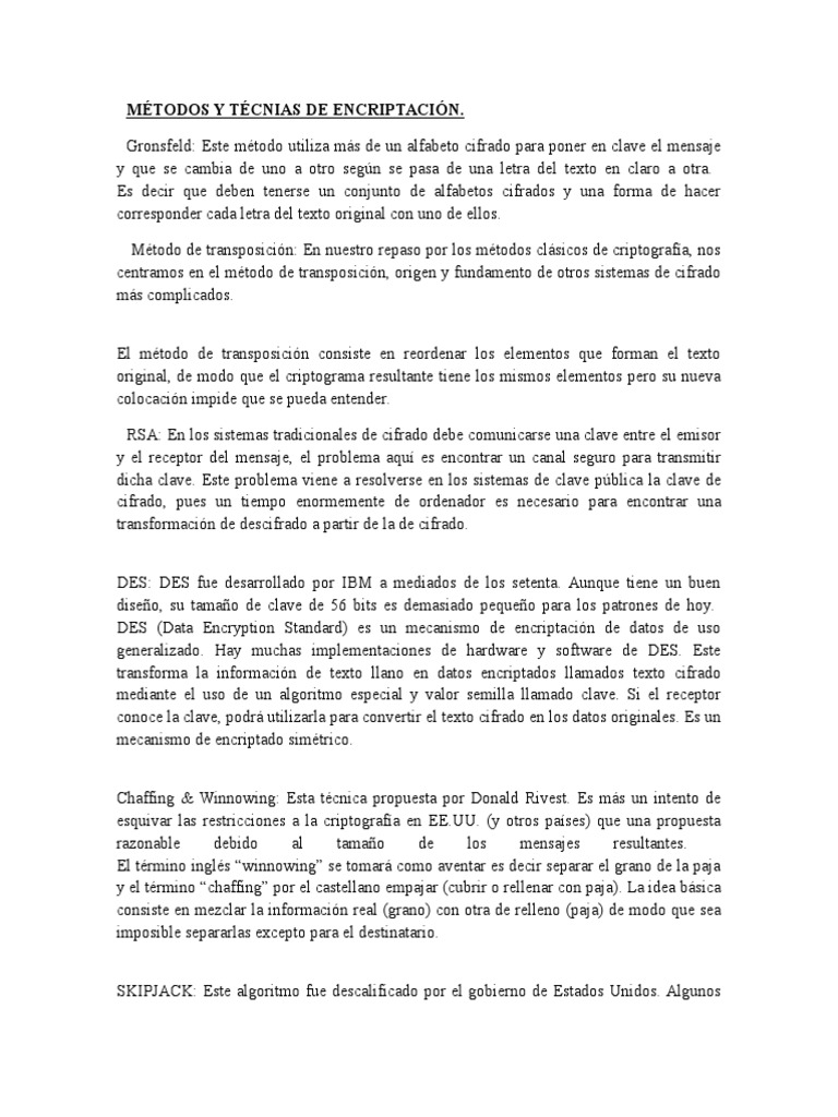Métodos y Técnicas de Encriptación 1 | PDF | Clave (criptografía) | Criptografía