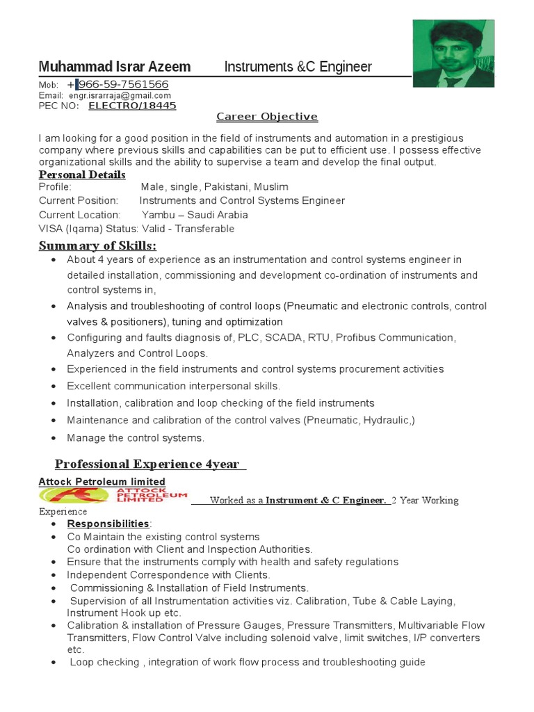 Muhammad Israr Azeem Instruments &C Engineer: Summary of Skills | PDF | Instrumentation ...