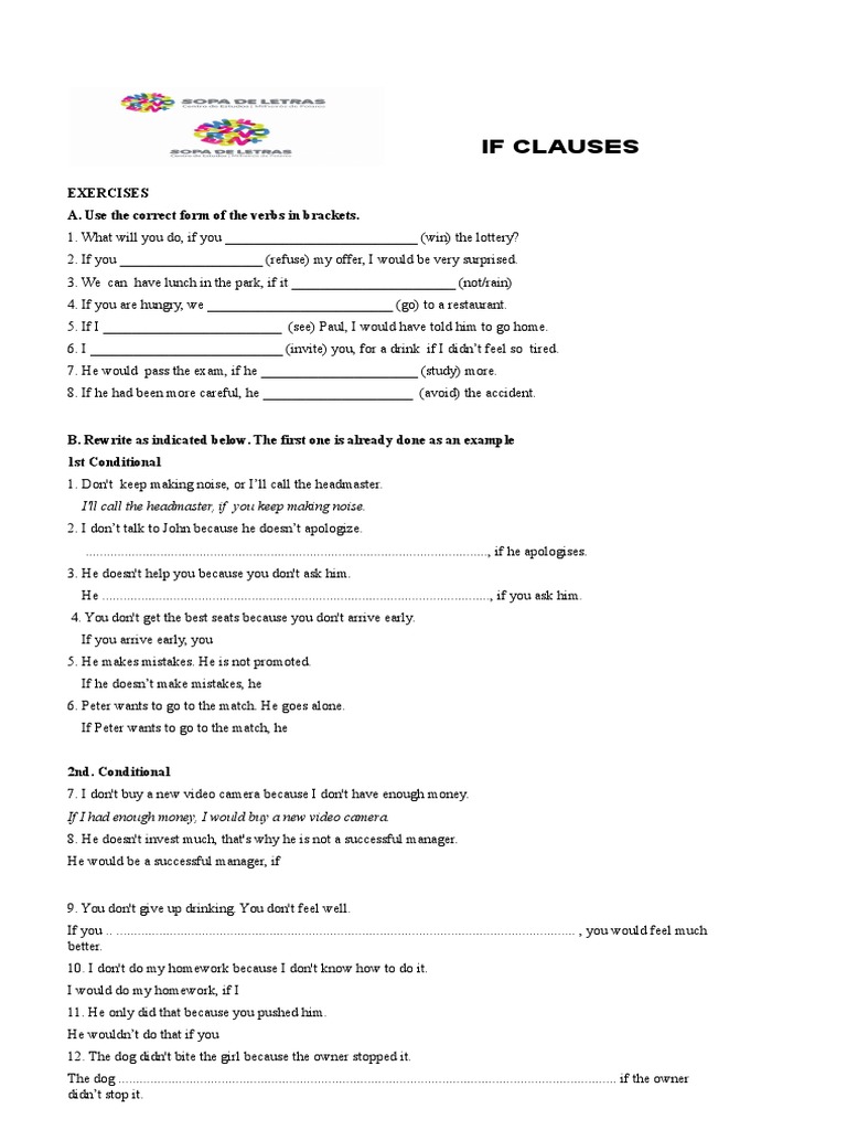 If Clauses: Exercises A. Use The Correct Form of The Verbs in Brackets ...