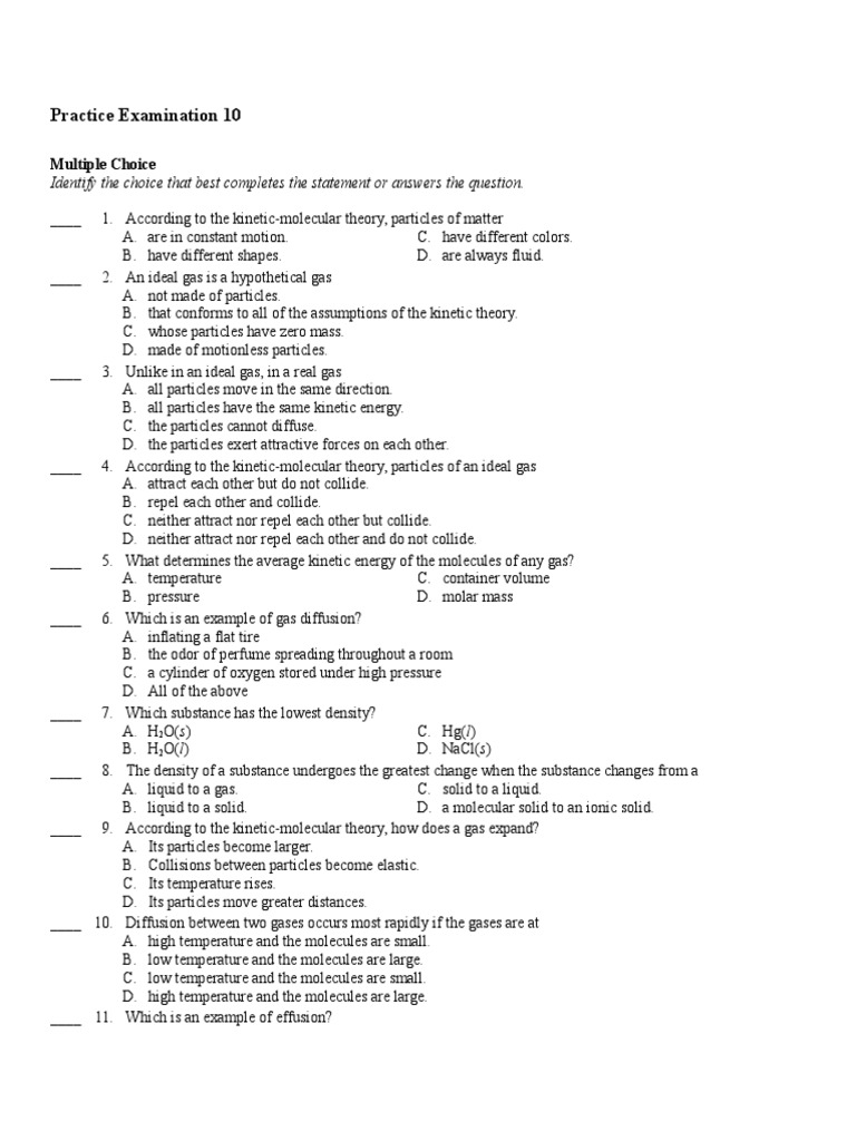 Chapter 10 Practice Test Chem Gas Laws | PDF | Chemical Bond | Evaporation