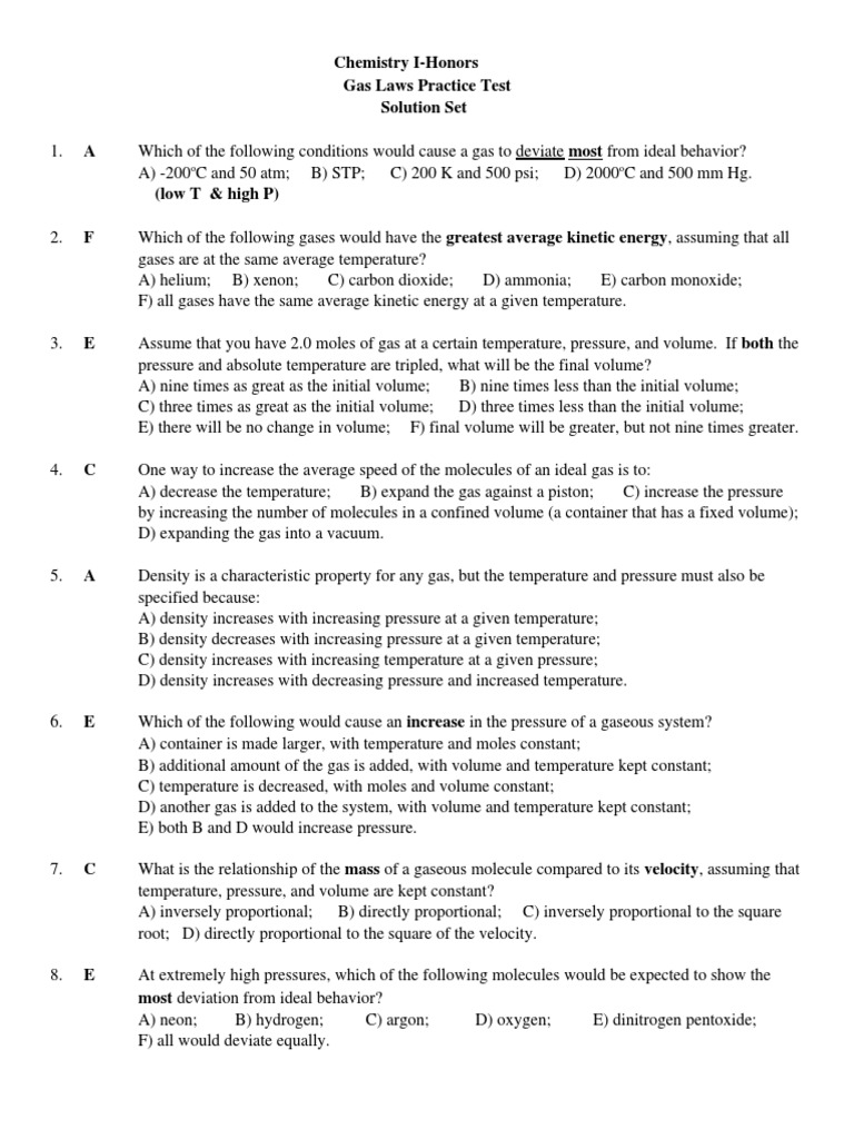 Gas Laws Practice Test - Ans. Key | PDF | Gases | Pressure