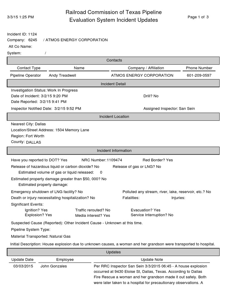 Railroad Commission of Texas Pipeline Evaluation System Incident Update ...