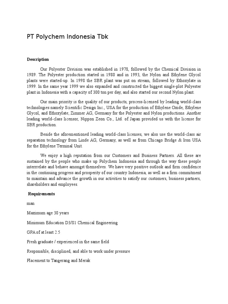 PT Polychem Indonesia TBK | PDF | Chemical Substances | Chemicals