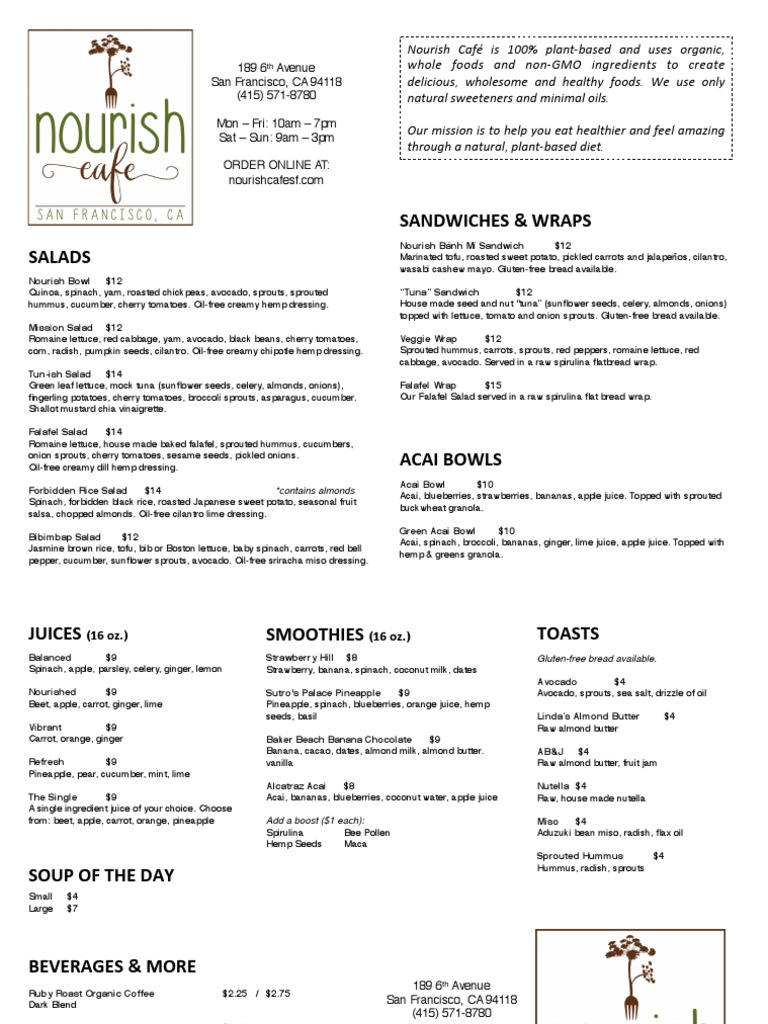 Nourish Cafe Opening Menu | PDF | Salad | Foods