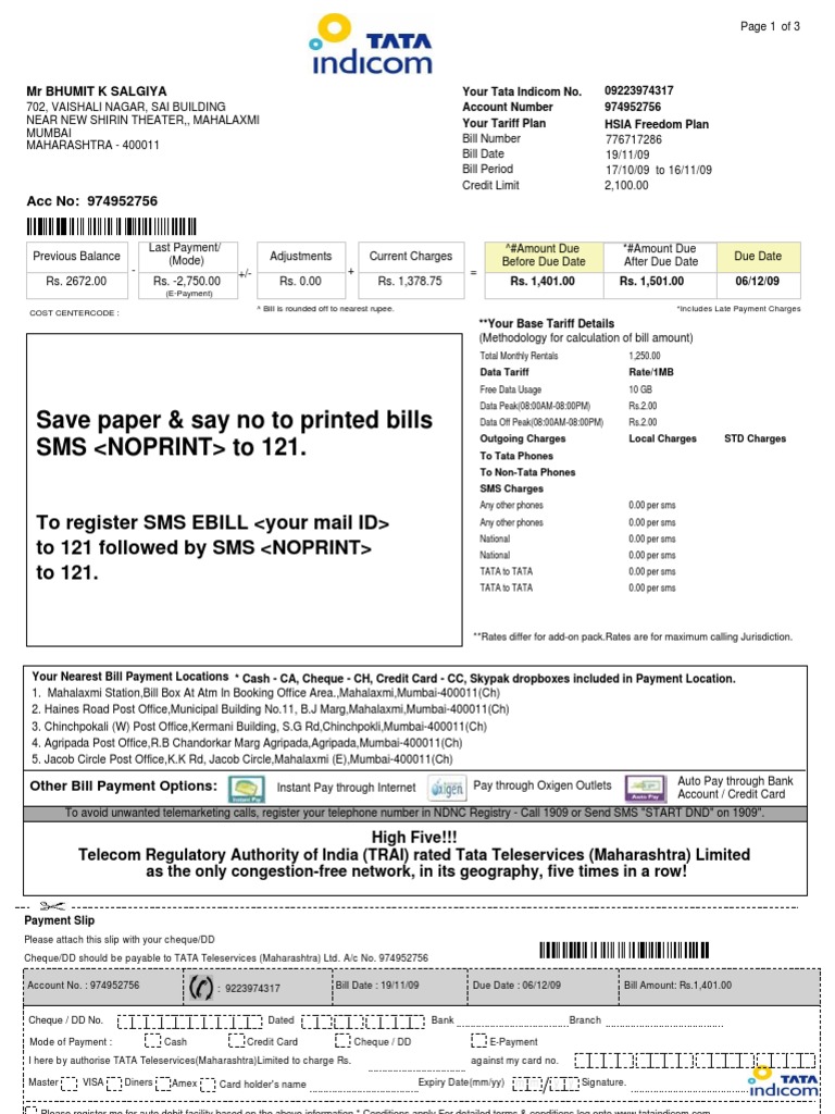 Save Paper & Say No To Printed Bills SMS To 121 | PDF | Cheque | Credit ...