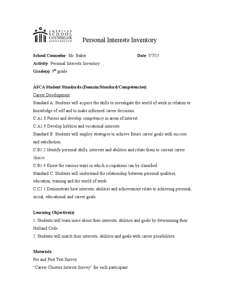 9th Grade Career Interest Survey | PDF | School Counselor | Competence ...