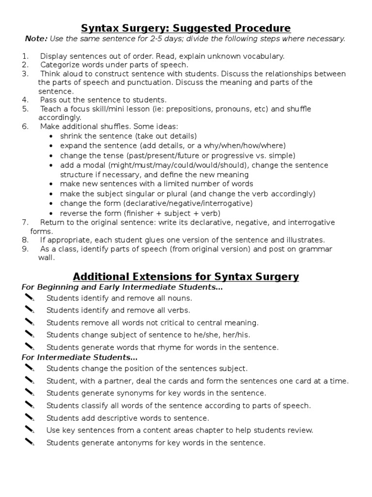 Syntax Surgery Suggested Steps and Extensions | PDF | Part Of Speech | Verb