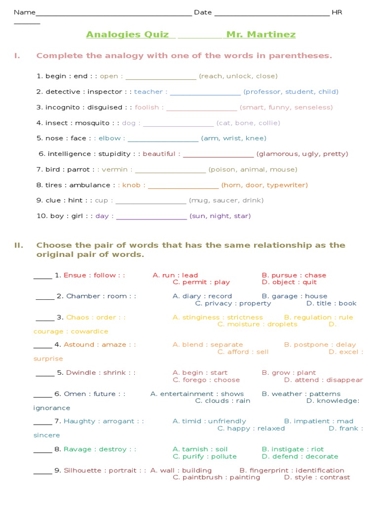 Analogies Quiz Mr. Martinez: I. Complete The Analogy With One of The ...