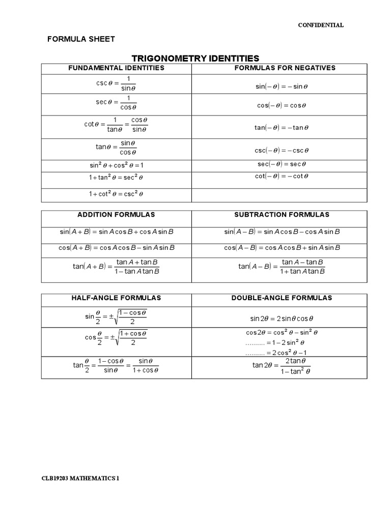 Trigonometry Identities: Formula Sheet | PDF