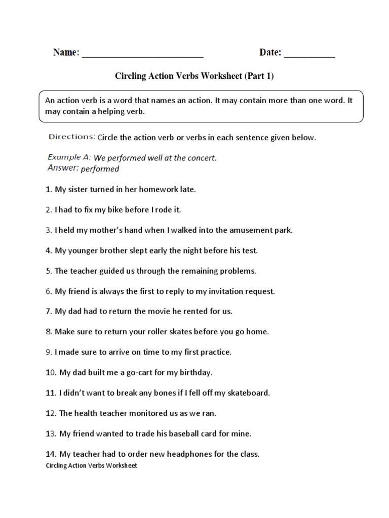 Circling Action Verbs Worksheet (Part 1) : We Performed Well at The ...