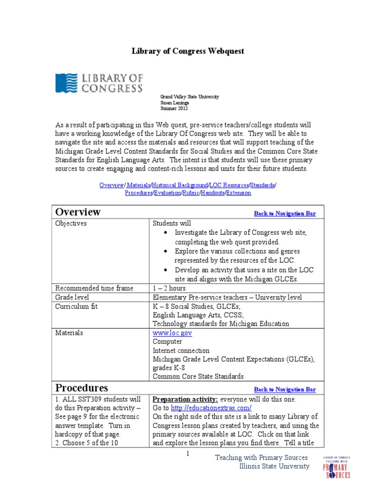 Library of Congress Webquest | PDF | Lesson Plan | Primary Sources