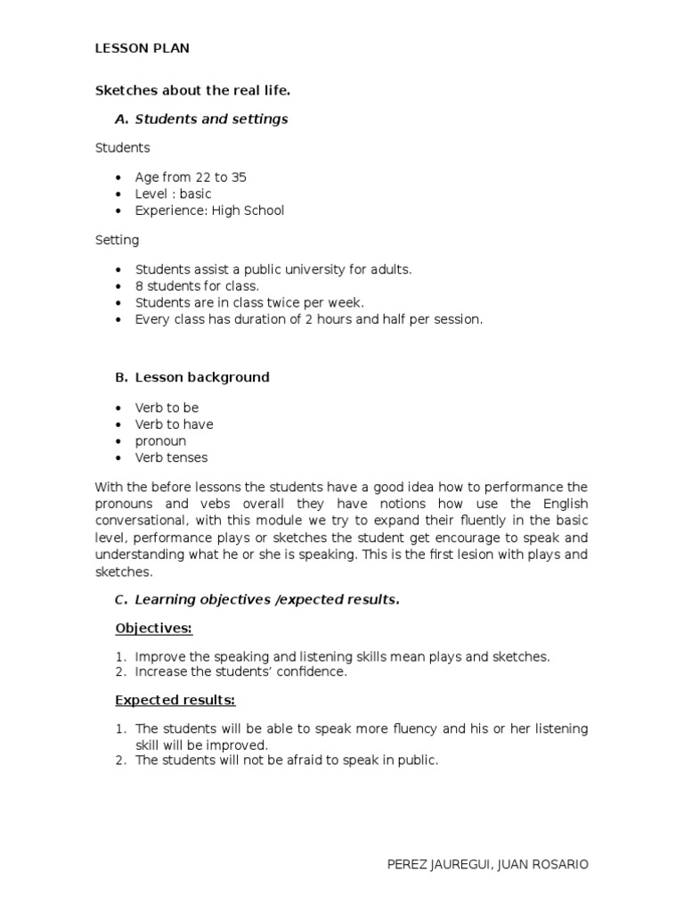 A. Students and Settings: Lesson Plan Sketches About The Real Life ...