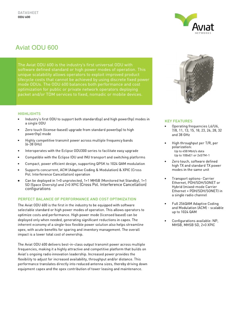 Aviat ODU 600: Datasheet | PDF | Modulation | Electronics