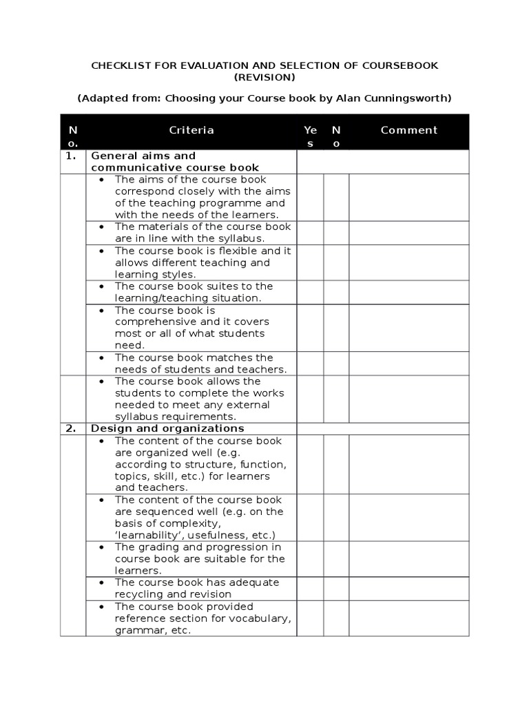 Checklist for Evaluation and Selection of Coursebook | Vocabulary ...