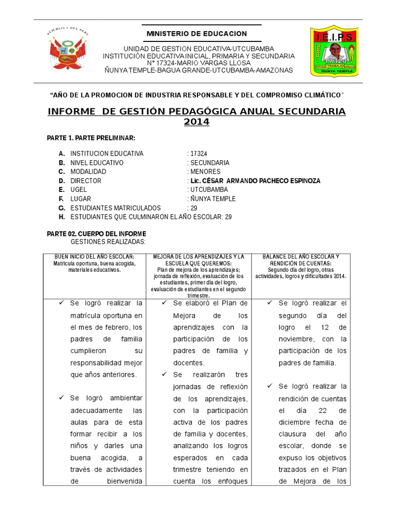 Informe Gestion Anual Secundaria | PDF | Educación Secundaria | Compartir