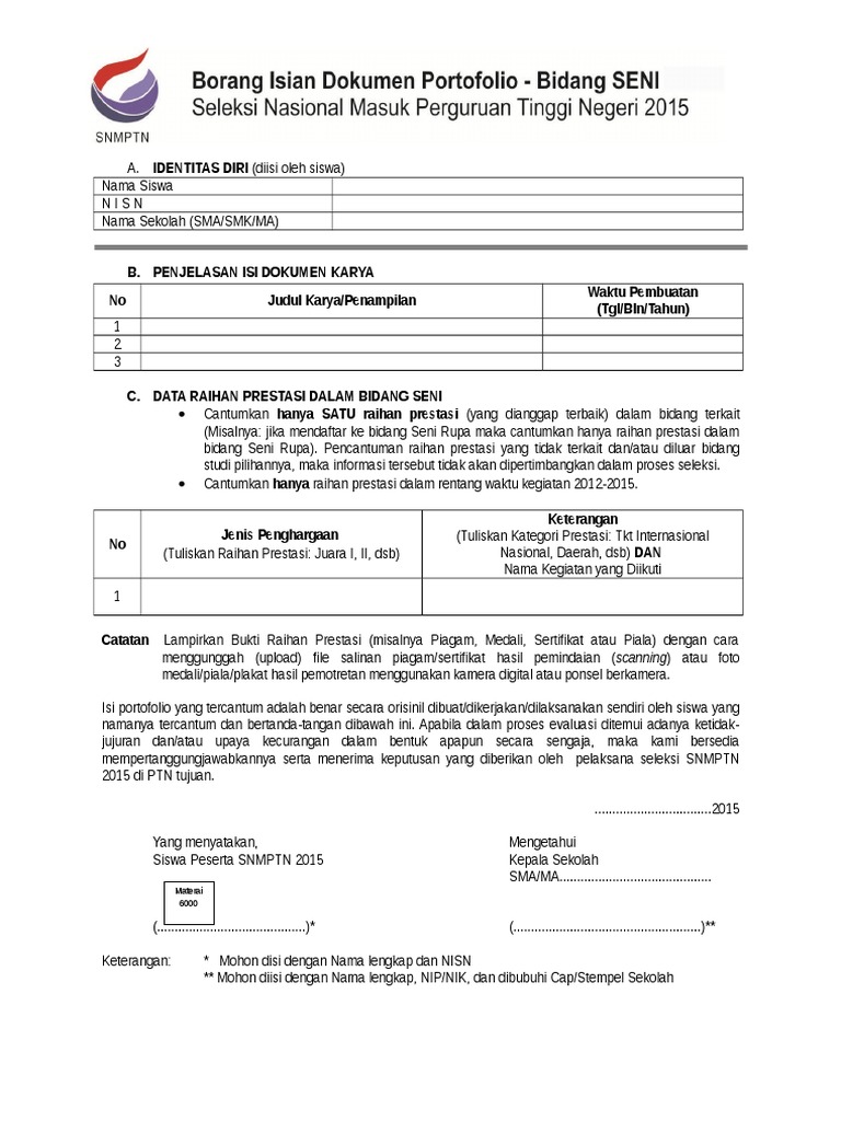 Borang Isian Dokumen Portofolio Seni Musik SNMPTN 2015 | PDF